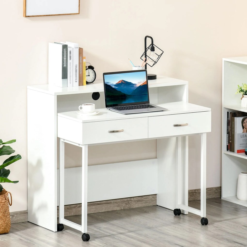 HOMCOM Sada 2 Stohovatelných Psacích Stolů na Kolečkách se 2 Zásuvkami pro Kancelář 100x36x88 cm Bílá | Aosom