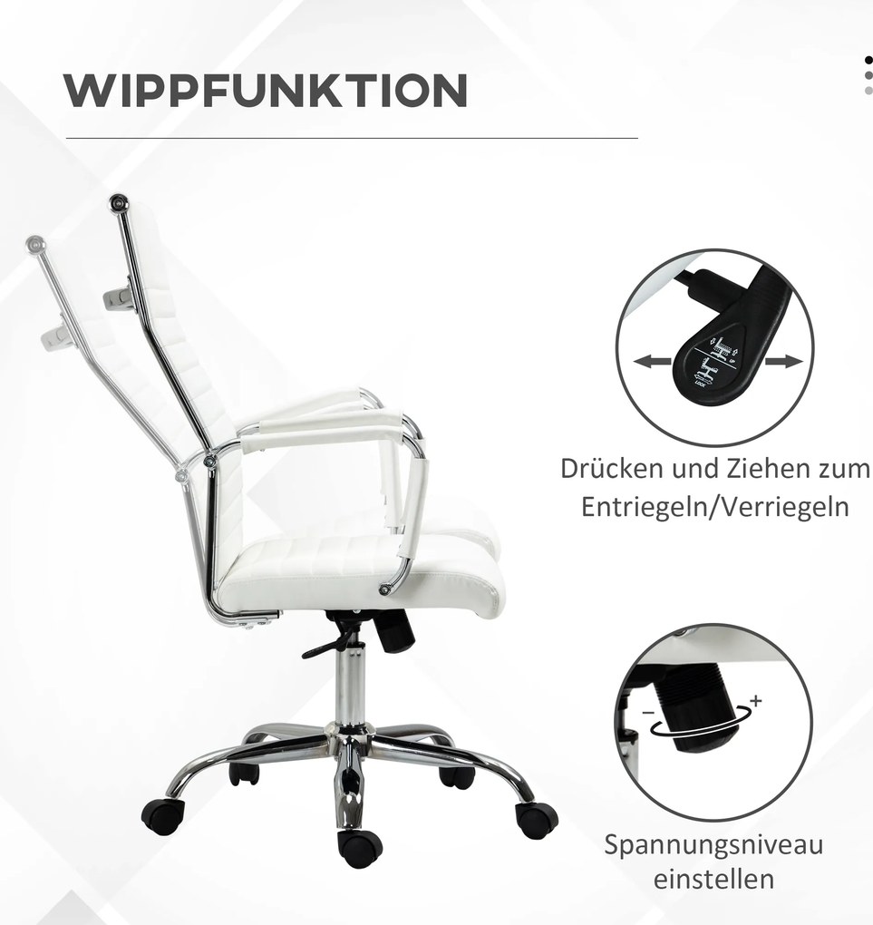 Kancelářská židle Vinsetto s houpací funkcí ergonomická kolečka otočná o 360° ocelové nohy imitace kůže nosnost 120 kg 54 x 62 x 104-114 cm Bílá | Ao…