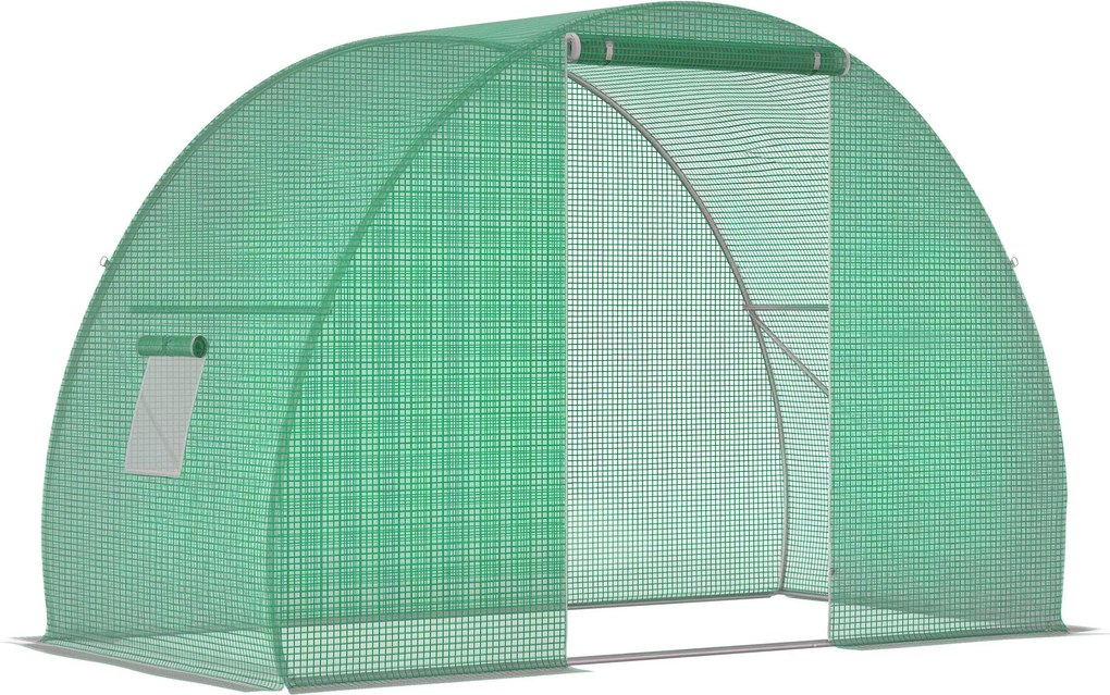 Zimní skleník Outsunny s tunelovým designem, plocha 4,5 m², rozměry 3L x 1,5W x 2H m, vyztužený rám, zipové dveře, 2 okna pro ventilaci, zelený
