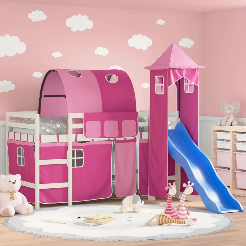 Dětská patrová postel s věží růžová 90 x 200 cm masiv borovice,  3207104