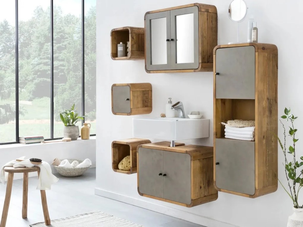 furniture-nabytek.cz - Masivní koupelnová zrcadlová skříňka Dingora z recyklované borovice, lakovaná, přírodní / šedá – 67×20×55 cm