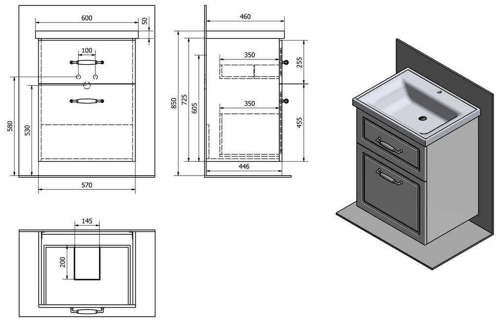 Sapho, FAVOLO umyvadlová skříňka 57x72,5x44,6 cm, bílá mat