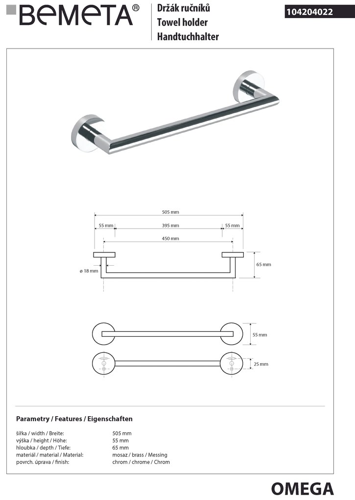 Bemeta Design OMEGA: Držák ručníků, 450 mm -