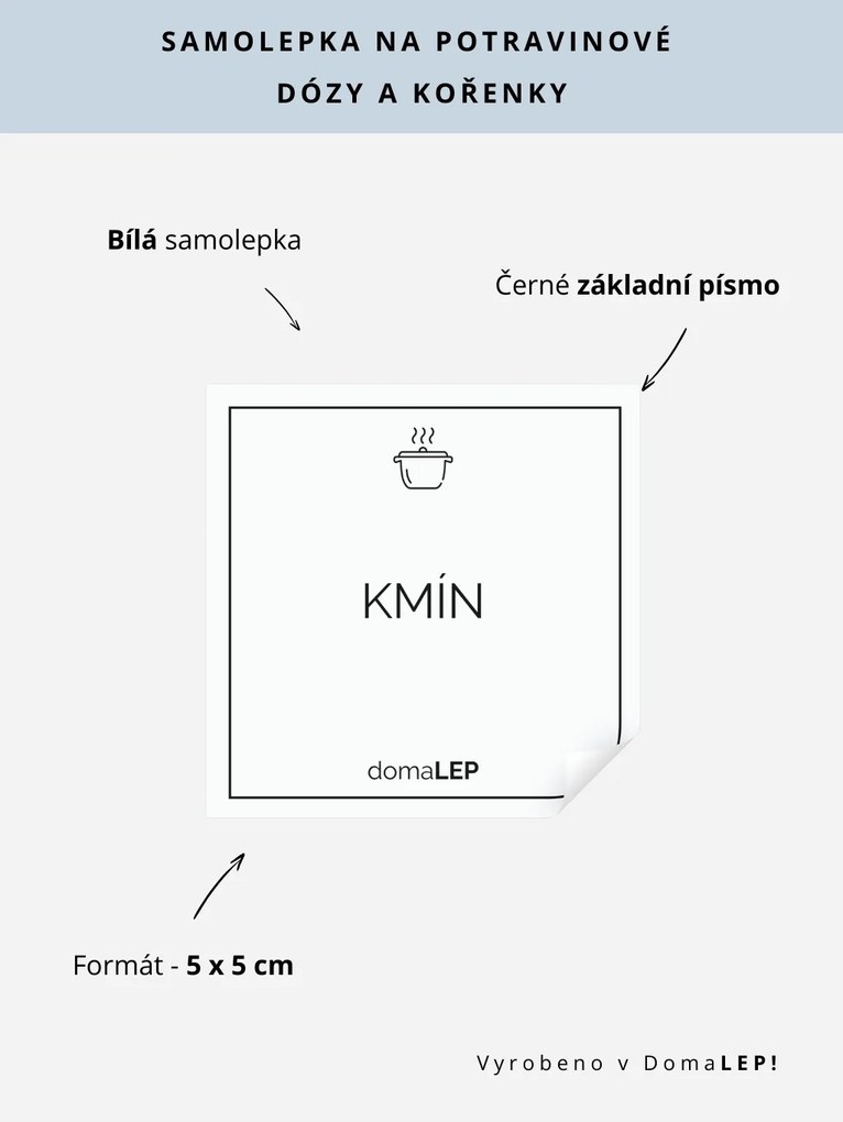 Samolepka na kořenky KMÍN bílá 5 × 5 cm základní písmo