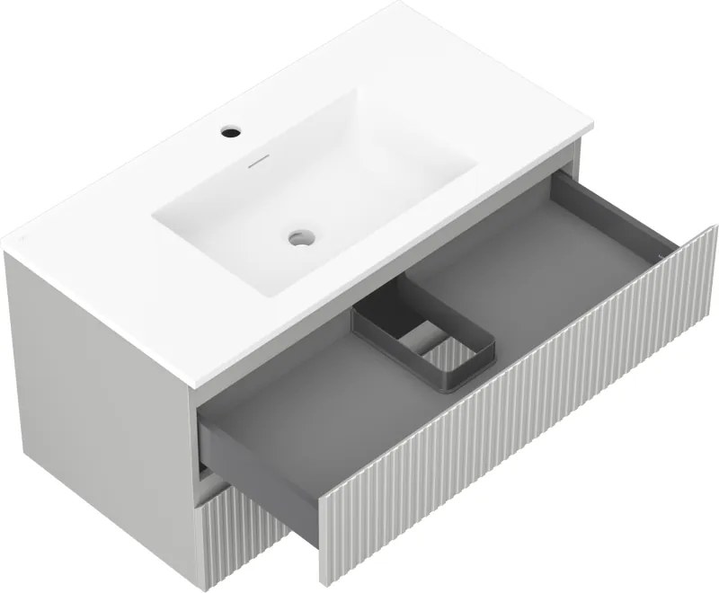 Mexen Rivel, koupelnová skříňka 90 cm s umyvadlem Otis, 2 zásuvky, drážkovaná, šedá matná/bílá, 91A20-09047-2-BFF62-W18M01