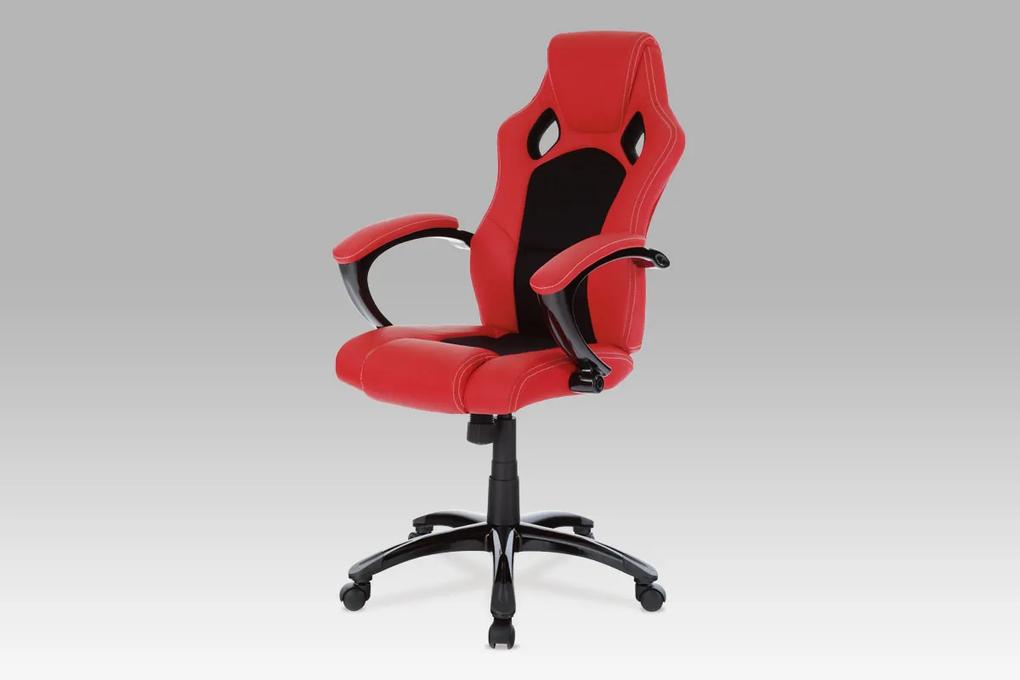 Kancelářská židle z červené ekokůže a mesh černý s područkami vysoký lesk černý houpací mechanismus KA-N157 RED
