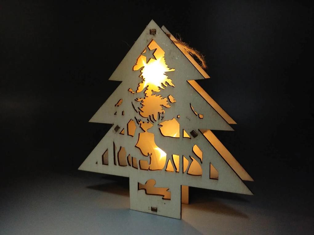 LED světelná dřevěná dekorace, stromeček, sobi v lese, 15x15cm