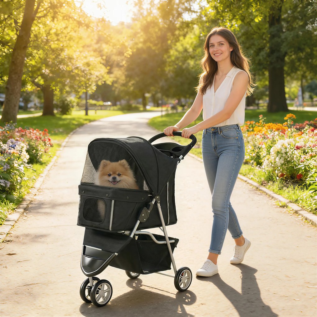 PawHut Skládací kočárek pro psy s úložným košíkem Polštářek Síťované okénko Držák na kelímek pro malé psy do 10 kg Černý