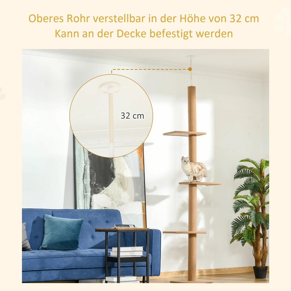 PawHut Výškově nastavitelné škrabadlo Šplhací strom pro kočky Strom na hraní Světle hnědý 43x27x228-260cm pro aktivní hraní a odpočinek