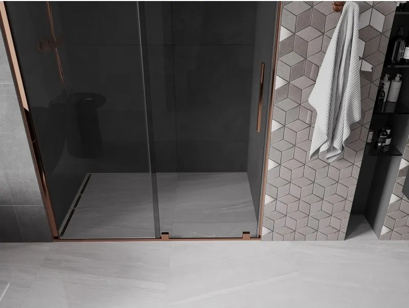 Mexen Velar, posuvné sprchové dveře do otvoru 130 cm, 8mm šedé sklo, růžové zlato, 871-130-000-41-60
