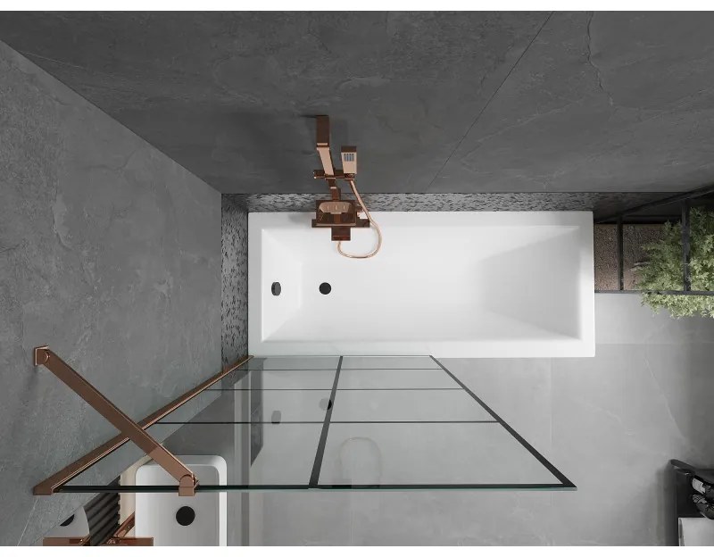 Mexen Next, vanová zástěna 1-křídlová 90 x 150 cm, fixní křídlo, 6 mm čiré sklo s černým vzorem, růžové zlato profil, 895-090-000-00-77-60