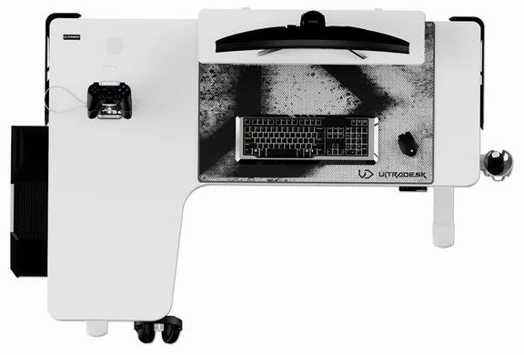 Lama Plus Herní stůl ULTRADESK WINGER – 111x155x60 cm, elektricky nastavitelná výška, RGB podsvícení, bílá