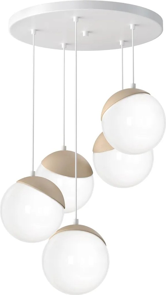 Závěsné svítidlo Sfera, 5x bílé skleněné stínítko, w/dřevo, o