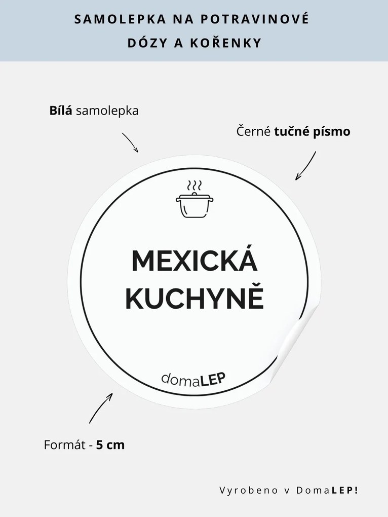 Samolepka na kořenky MEXICKÁ KUCHYNĚ bílá 5 cm tučné písmo