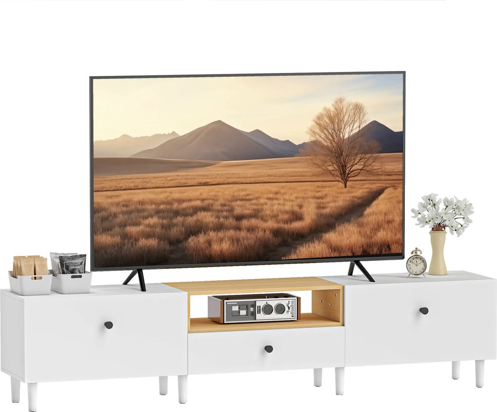 HOMCOM televizní nábytek, TV stolek pro televize až do 228,6 cm s 2 výklopnými dvířky, zásuvkou, 200 x 35 x 45 cm, bílý