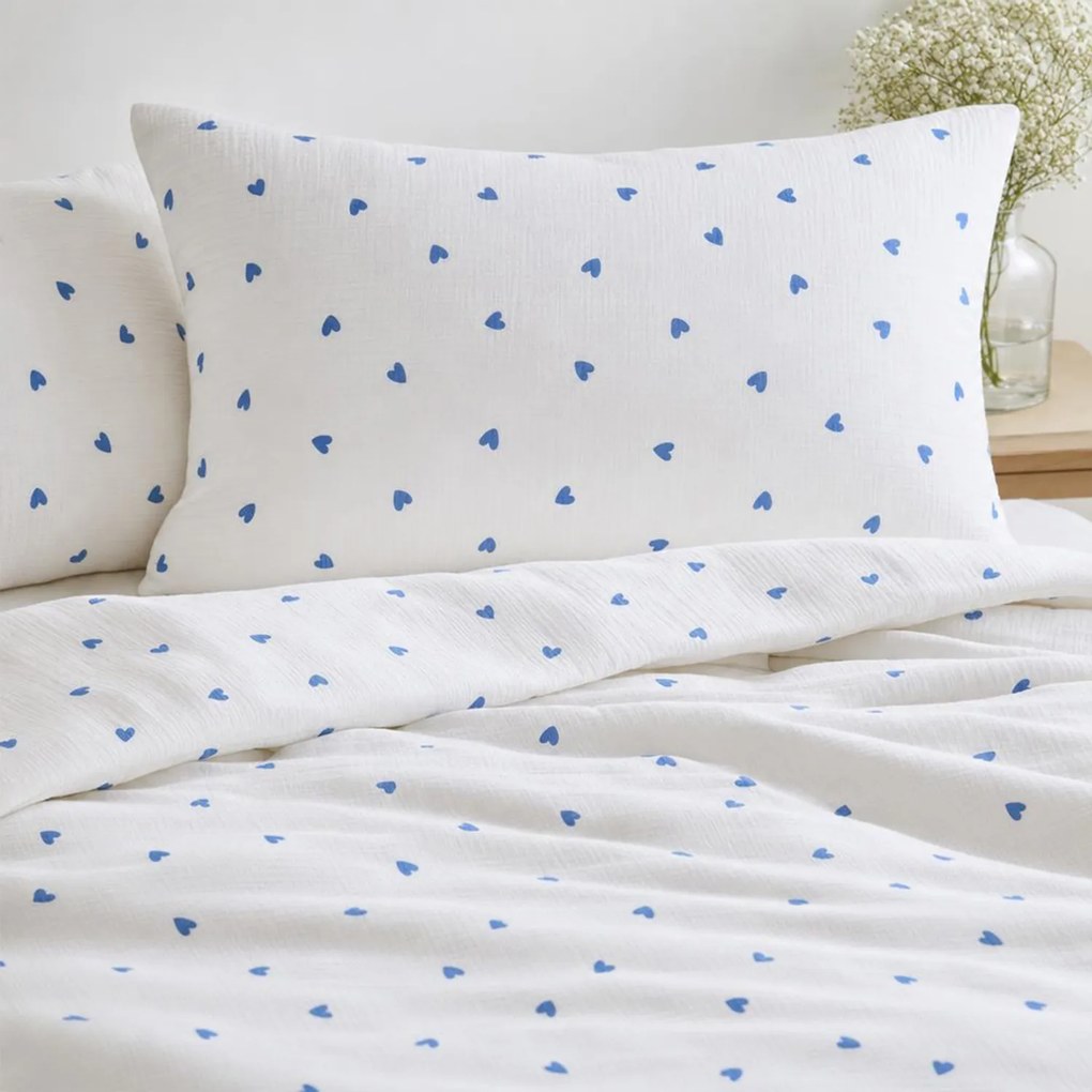 Mušelínové prodloužené povlečení Srdíčka - modré Velikost: 140 x 220 + 70 x 90