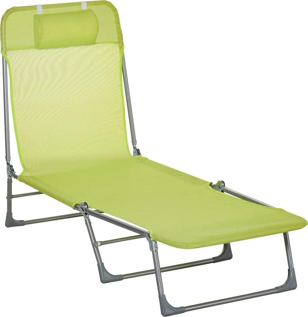 Skládací a polohovací zahradní lehátko Outsunny s podhlavníkem a nastavitelným opěradlem ve 5 úrovních, prodyšná textilní tkanina 182x56x28 cm Zelená