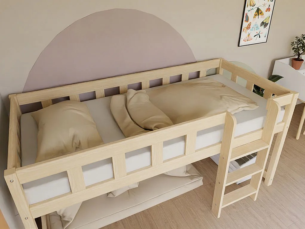 Benlemi Nízká vyvýšená postel PLOTTY s žebříkem 90x200 cm Zvolte barvu: Bílá, Zvolte stranu: Vpravo, Zvolte variantu: Se závěsem
