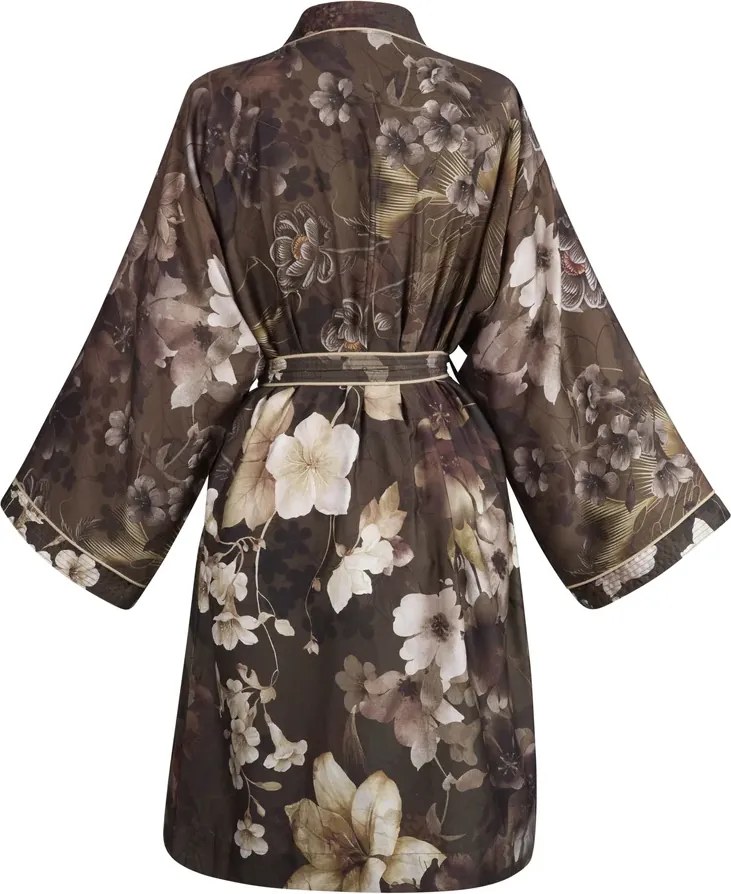 Kardol saténové kimono Velutini - hnědé (Luxusní saténové kimono s květy)