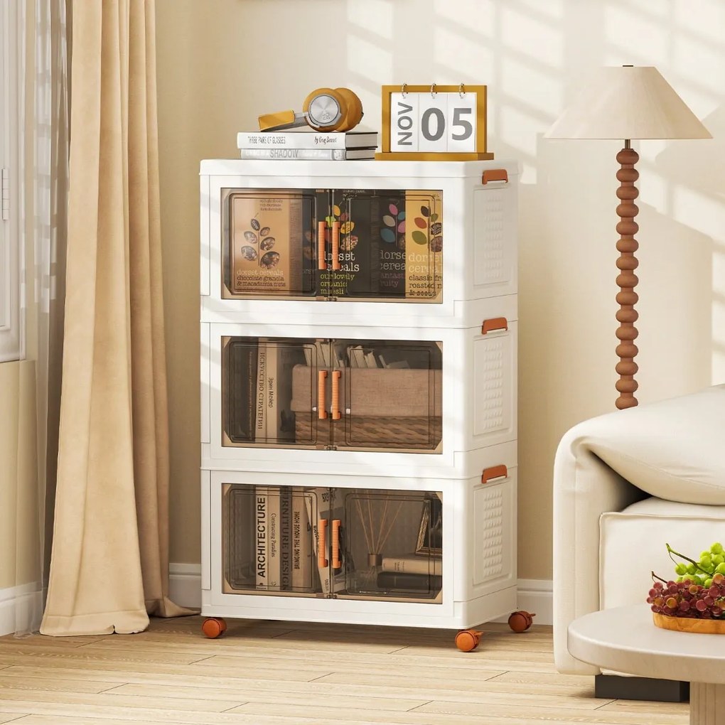 Costway Úložný box s víkem a kolečky a průhlednými dveřmi Skládací – bílý