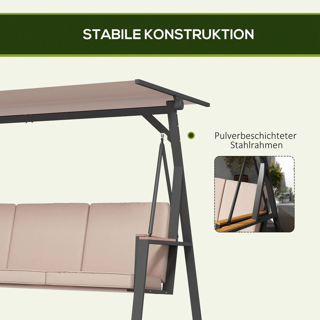 Hollywoodschaukel, 3-Sitzer Gartenschaukel, mit erstellbarem Sonnendach, wetterfest, Khaki