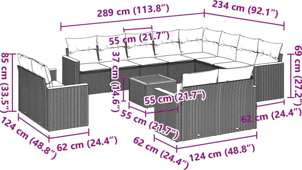 13dílný zahradní sedací souprava s poduškami černý polyratan 3258919