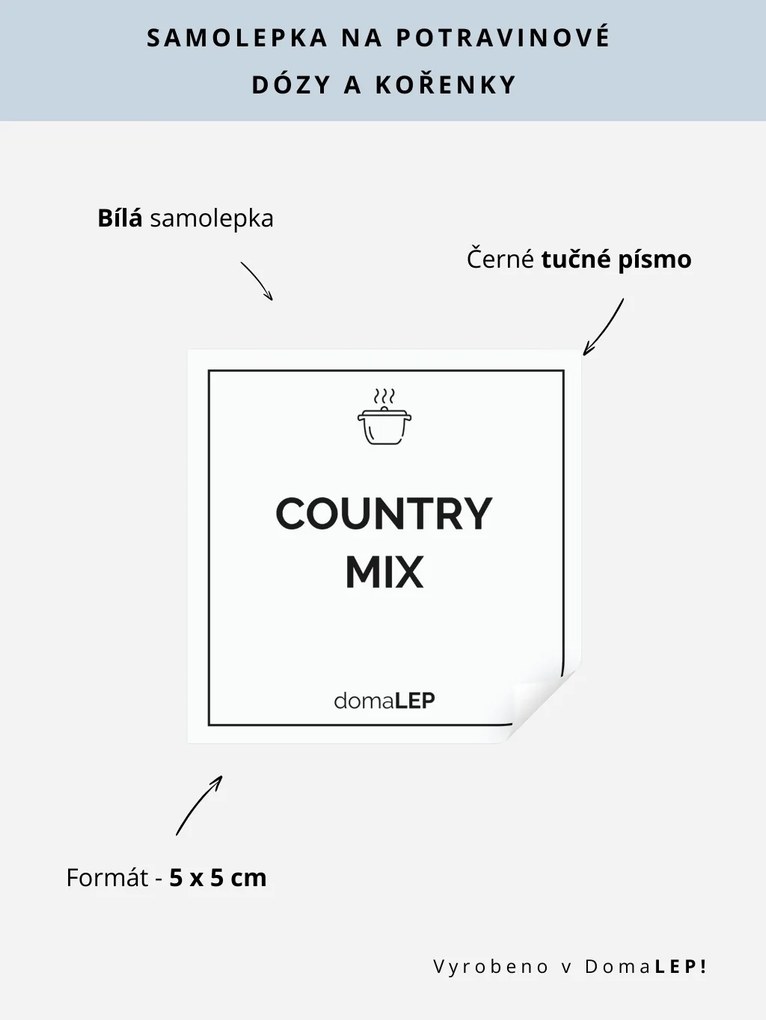 Samolepka na kořenky COUNTRY MIX bílá 5 × 5 cm tučné písmo