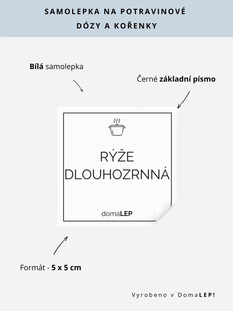 RÝŽE DLOUHOZRNNÁ– bílá samolepka na dózu, základní písmo, 5 x 5 cm | DomaLEP