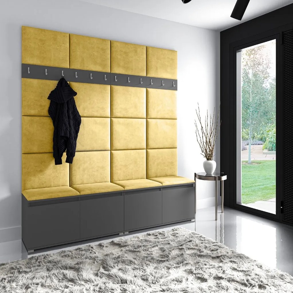 Eka Předsíňová stěna s čalouněnými panely Trinity 4 - Grafit / Žlutá 2318