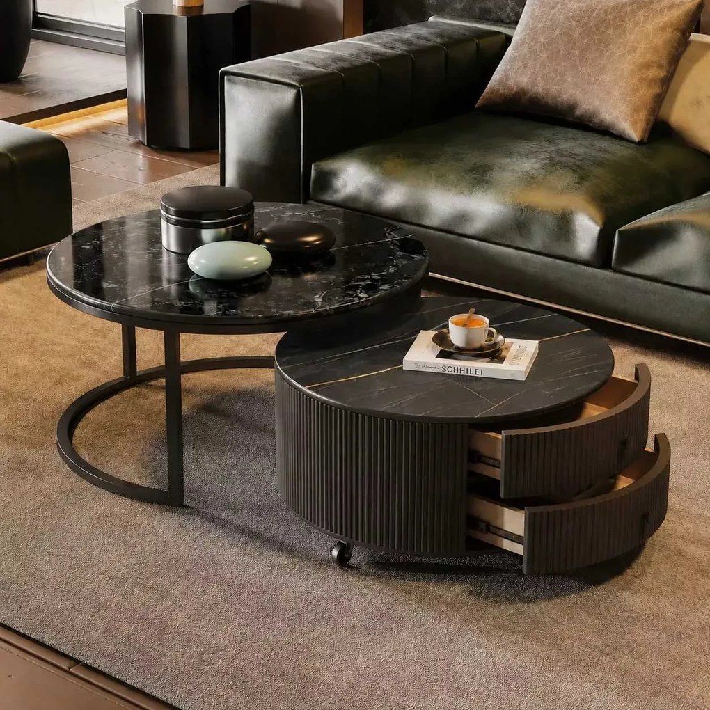 LuxuryForm DESIGN Konferenční stolek ROYAL 80 / 60 cm – mramorový dekor tmavý (set 2 ks)
