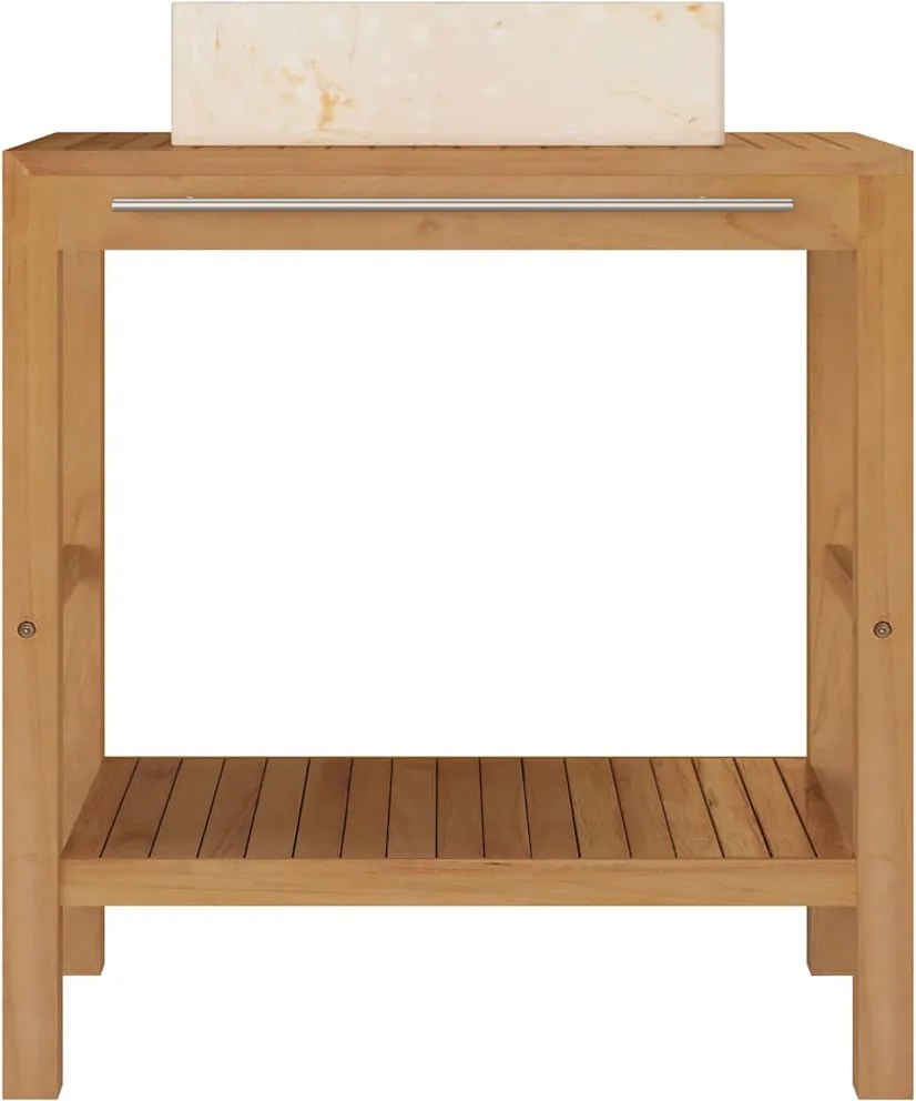 Koupelnová skříňka dřevo teak a umyvadlo mramor krémové 3058160