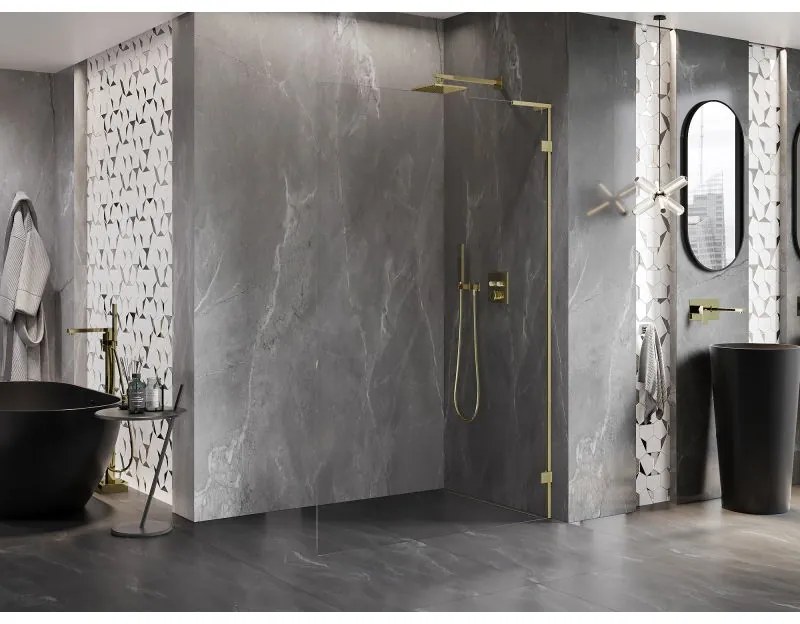 Mexen, Mexen Lunar L sprchová stěna pravá 80 x 200 cm, průhledná 8 mm, zlatý kartáč - 830L-080-000-55-00-P