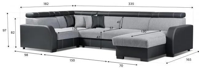 MARS DECO U sedací souprava ve tvaru U černo - šedá 335 x 82 - 97 x 165 - 182 cm