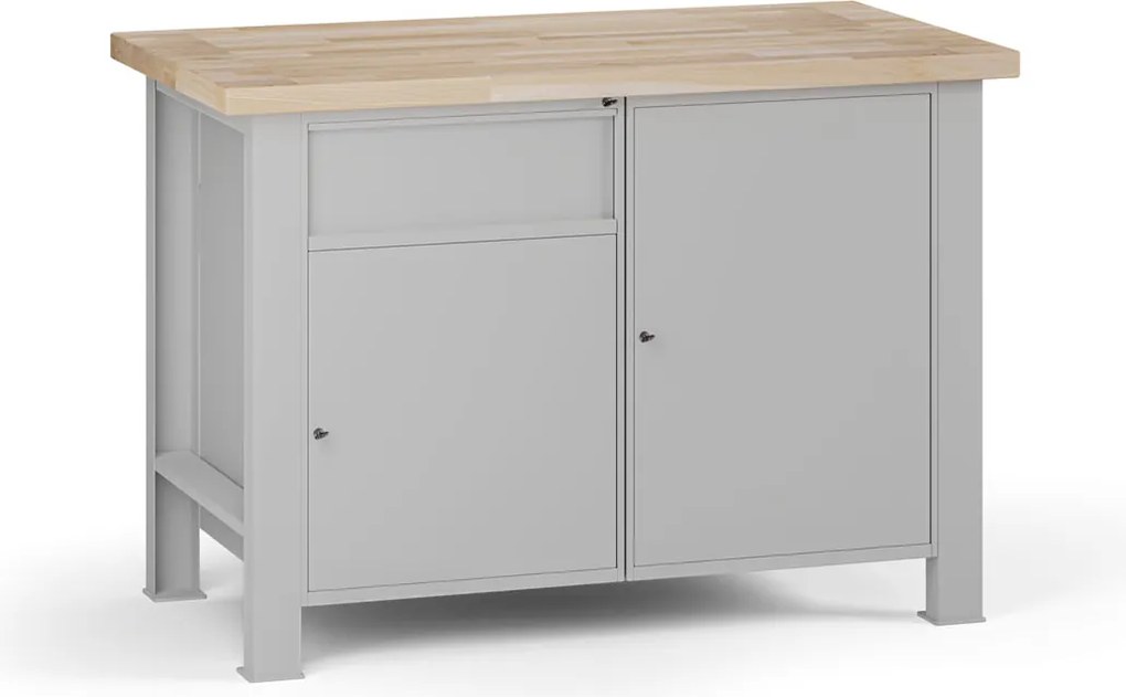 Dílenský pracovní stůl G7, buková spárovka, 1200 x 685 x 840 mm, 2x skříňka, 1 zásuvka, šedá
