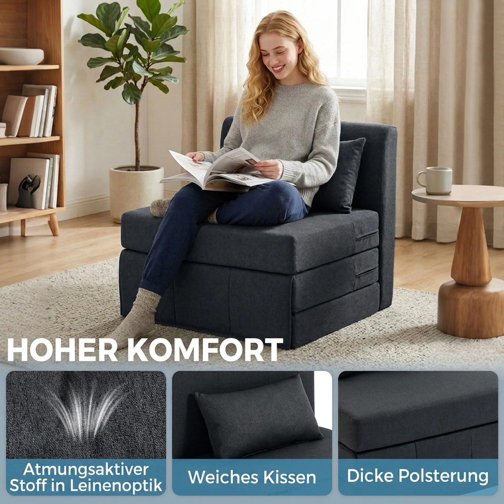HOMCOM 2v1 skládací podlahové křeslo/sedačka na spaní – polstrované s lněným vzhledem, tmavě šedá (80 × 75 × 74 cm)