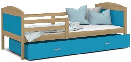 Dětská postel MATYAS P 90x200 cm s borovicovou konstrukcí v modré barvě se šuplíkem.