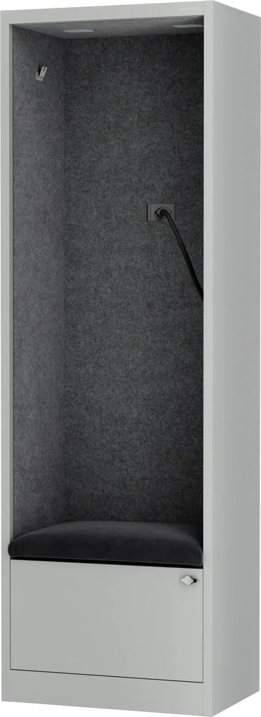 Kancelářská akustická kabina se sedátkem a USB-C portem, korpus šedý / sedák tmavě šedá, 600 mm: SALLY MentalBox