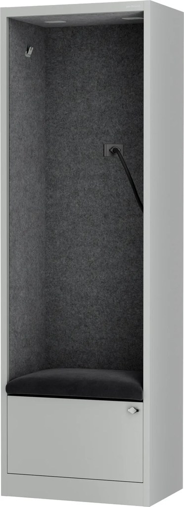 Skříň se sedákem a zónou ticha SALLY MentalBox, šedá konstrukce, tmavě šedý sedák, 1850 x 600 x 400 mm