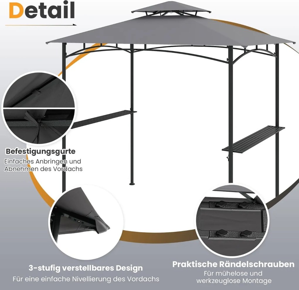 Costway Grilovací pavilon s dvojitou střechou a 2 bočními policemi a 6 – šedá
