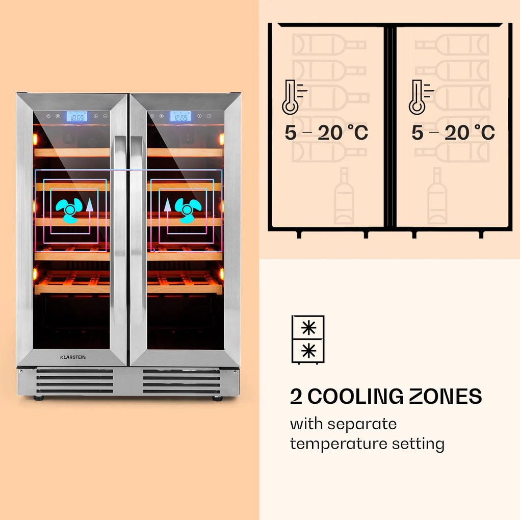 Klarstein Vinovilla Duo 42, vinotéka, 126 l/42 lahví, 2 zóny, 3 barvy LED osvětlení, skleněné dveře