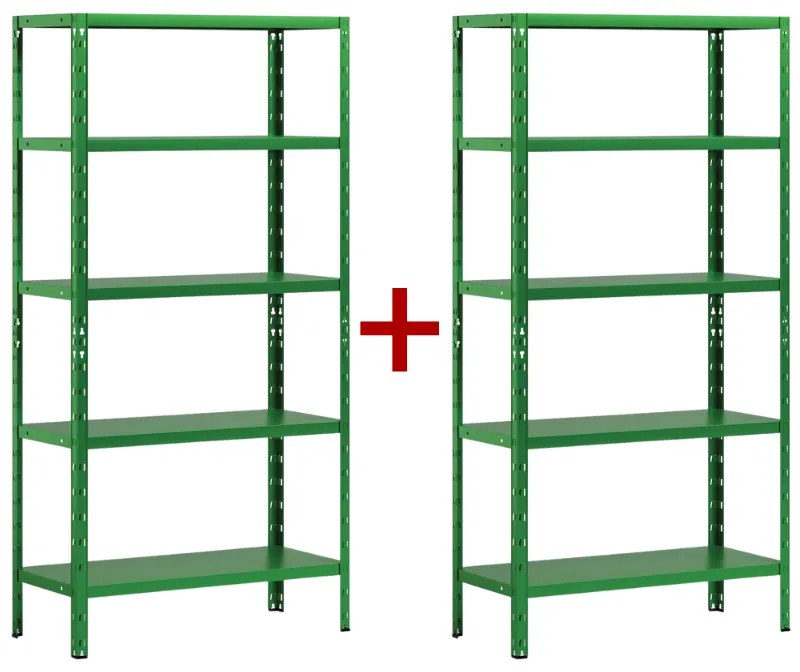 Policový regál 1+1 ZDARMA, 1800x900x400 mm, 5 polic, nosnost police 70 kg, zelený