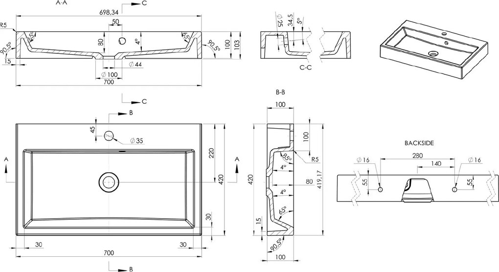 Sapho, ORINOKO umyvadlo 70x42cm, litý mramor, bílá, OR070