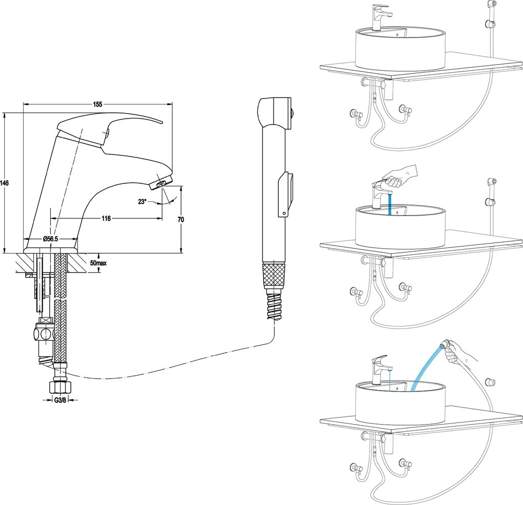 Sapho 1209-05 umyvadlová stojánková baterie s ruční bidetovou sprškou chrom