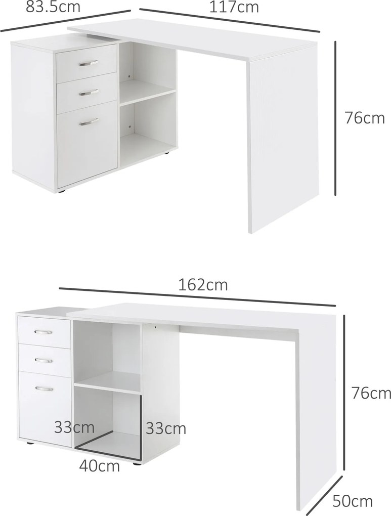 HOMCOM Bílý Moduární Rohový Rovný Stůl Jídelní Stůl 2 v 1 Počítačový Stůl 3 Šuplíky + 2 Polic MDF