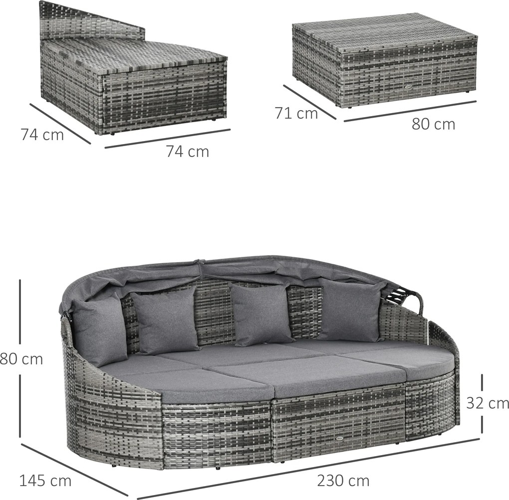 Outsunny ratanový sluneční ostrov 4-dílný se stříškou a sedací soupravou, 4 polštáře, kovově šedá, 230 x 145 x 80 cm pro zahradu a terasu |