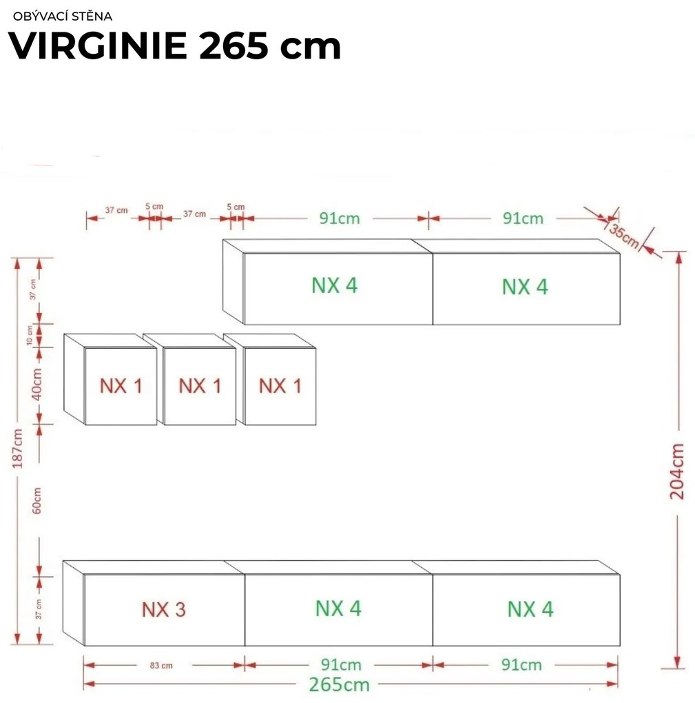 Ral Obývací stěna VIRGINIE 8, 265 cm - Bílý lesk