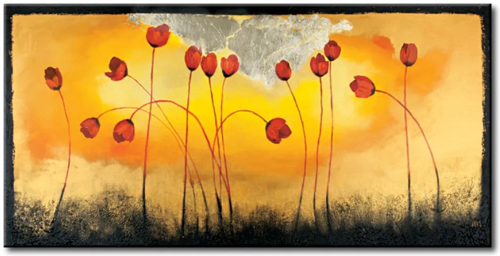 Obraz Červené maki na žlutém pozadí (1 díl) - abstrakce s květy