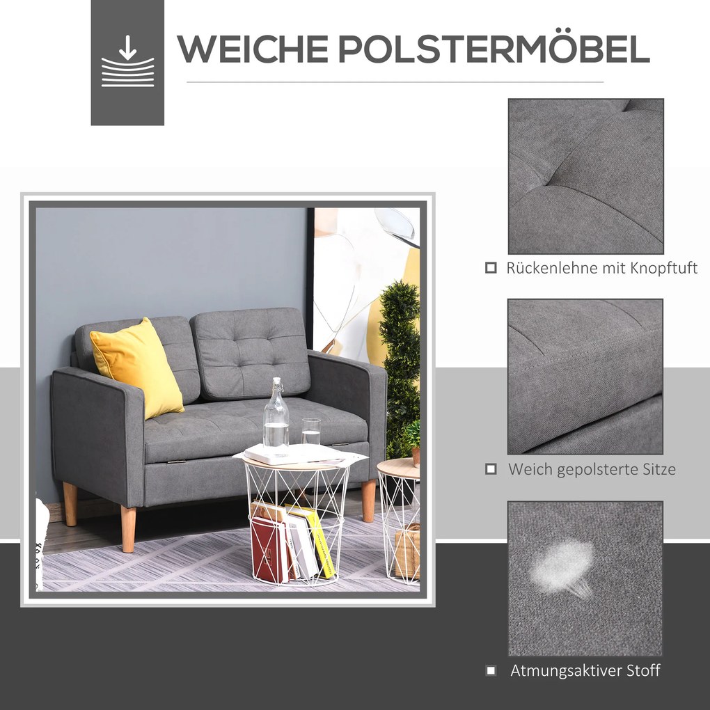 HOMCOM 2místná látková pohovka Dvoumístná pohovka s odnímatelnými polštáři z kaučukovníku a bavlny v šedé barvě 117x62x78 cm do obývacího pokoje