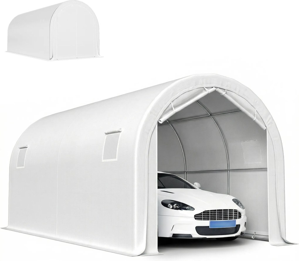 Outsunny venkovní garáž pro auto 3x6 m, vodotěsná, s odolnou PE tkaninou, rám z pozinkovaného kovu, UPF 30+, bílá