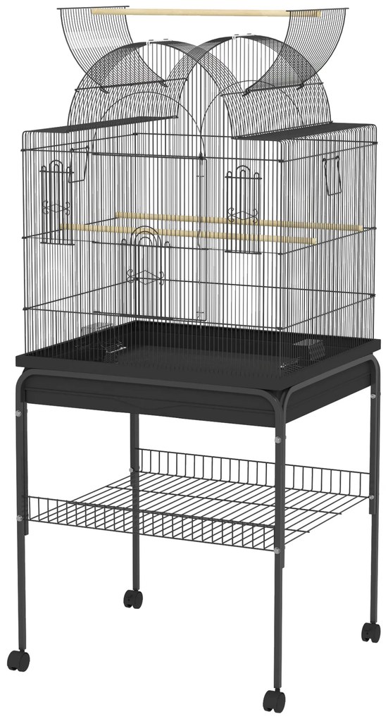PawHut klec pro ptáky velká klec pro andulky s podnosem, policí, krmítkem, ptačí budka na kolečkách pro kanáry, ocel 63 x 53 x 144 cm černá
